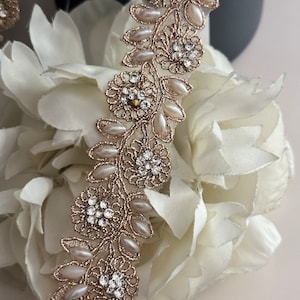 Rose Gold Pearl Crystal 2.5cm Indian Embroidered Lace Pearl Embroidered Band Zari Embellish Net ...