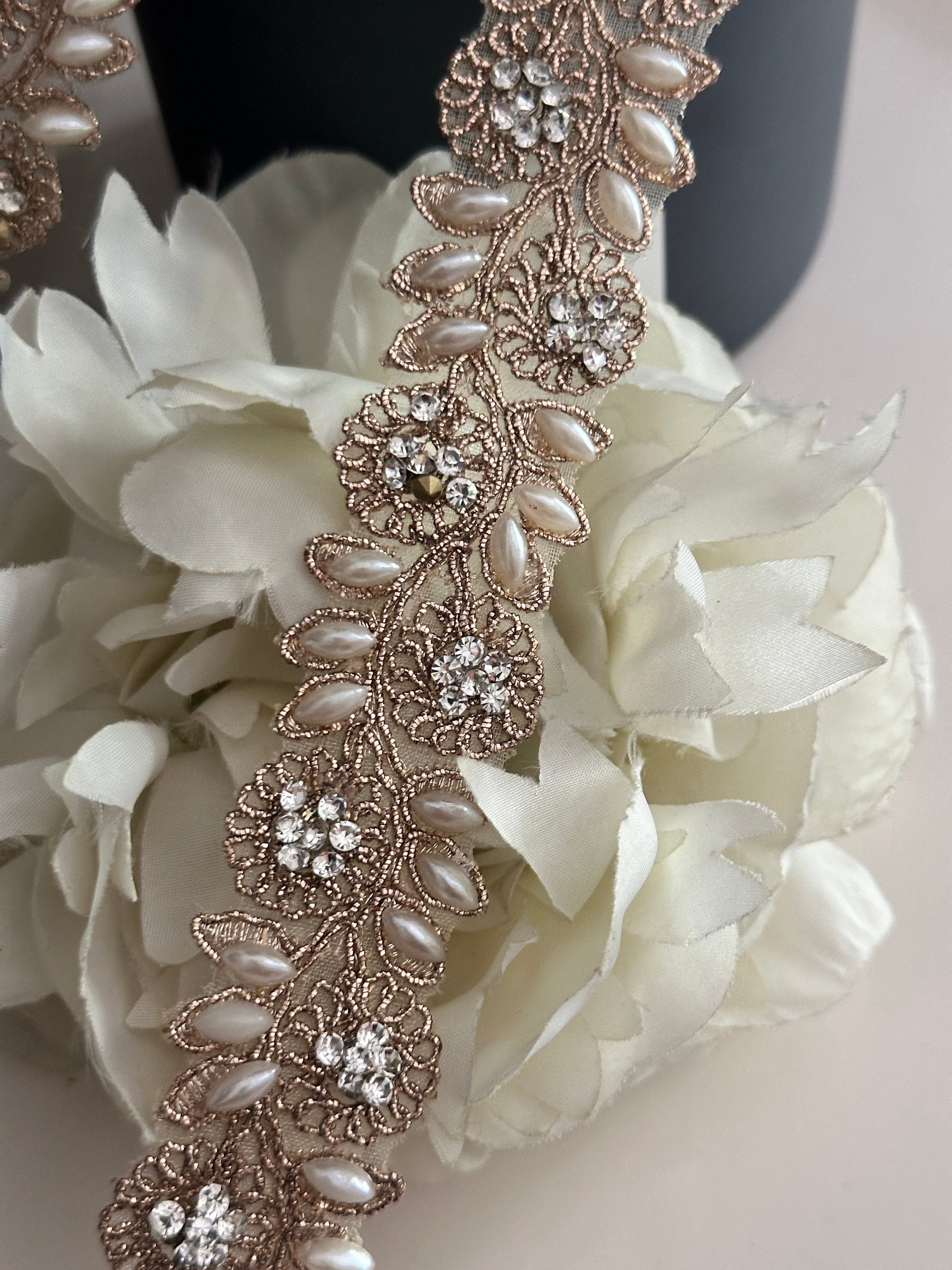 Rose Gold Pearl Crystal 2.5cm Indian Embroidered Lace Pearl Embroidered ...