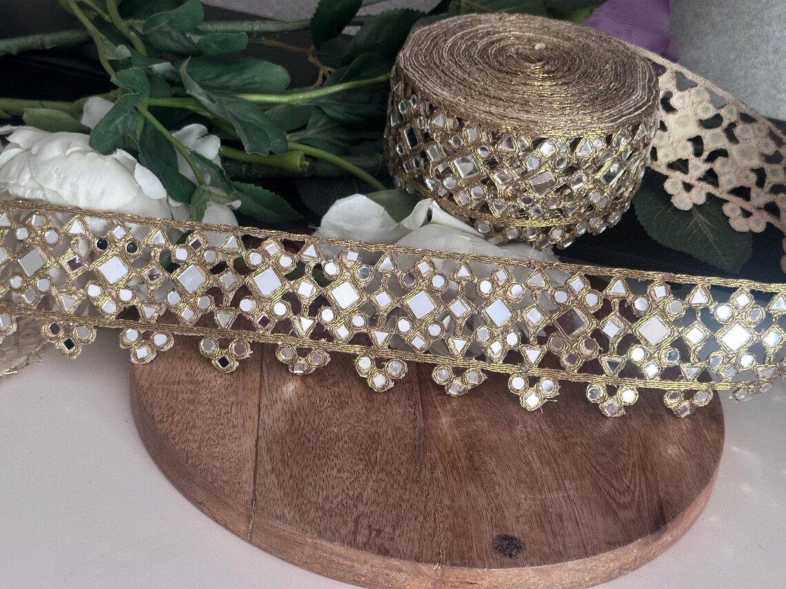 Mirror Work Lace Trim Gold Embroidery Ribbon With Shisha for Sewing ...