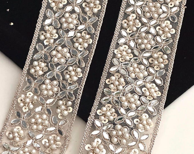 Rose Gold Pearl Crystal 2.5cm Indian Embroidered Lace Pearl Embroidered Band Zari Embellish Net ...