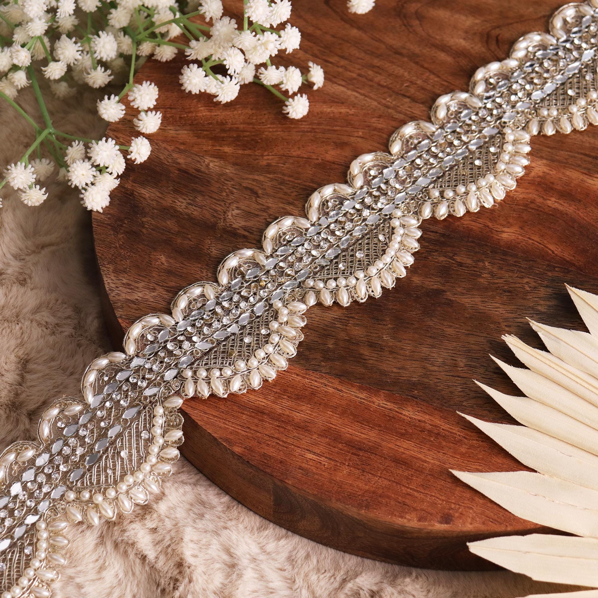 Gold Indian Trim Pearl Work Lace Embellish Handmade Bridal Veil and ...