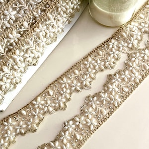 4cm Gold and Zircon Embellished Pearl Indian Sari Border Decorative ...