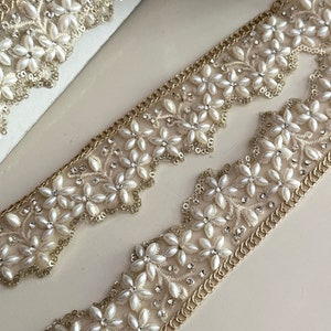 4cm Gold and Zircon Embellished Pearl Indian Sari Border Decorative ...