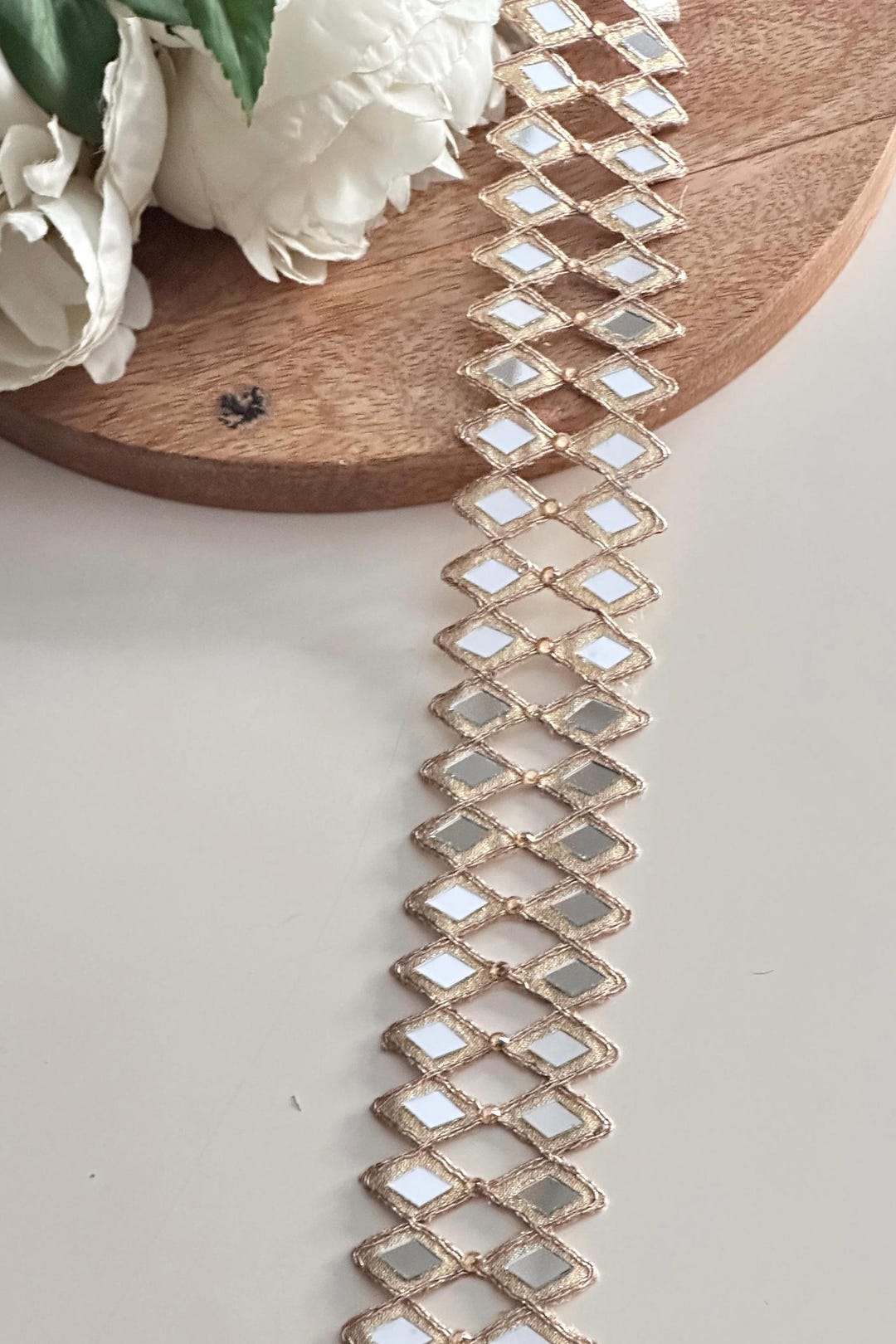 Indian Hand Crafted Mirror Work Border 4.5cm Rose Gold Cutwork Lace for ...