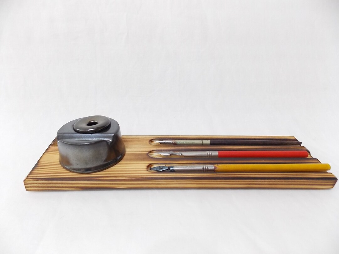 Calligraphy Inkwell and Triple Pen Holder Rest Desk Top Ink Fountain ...