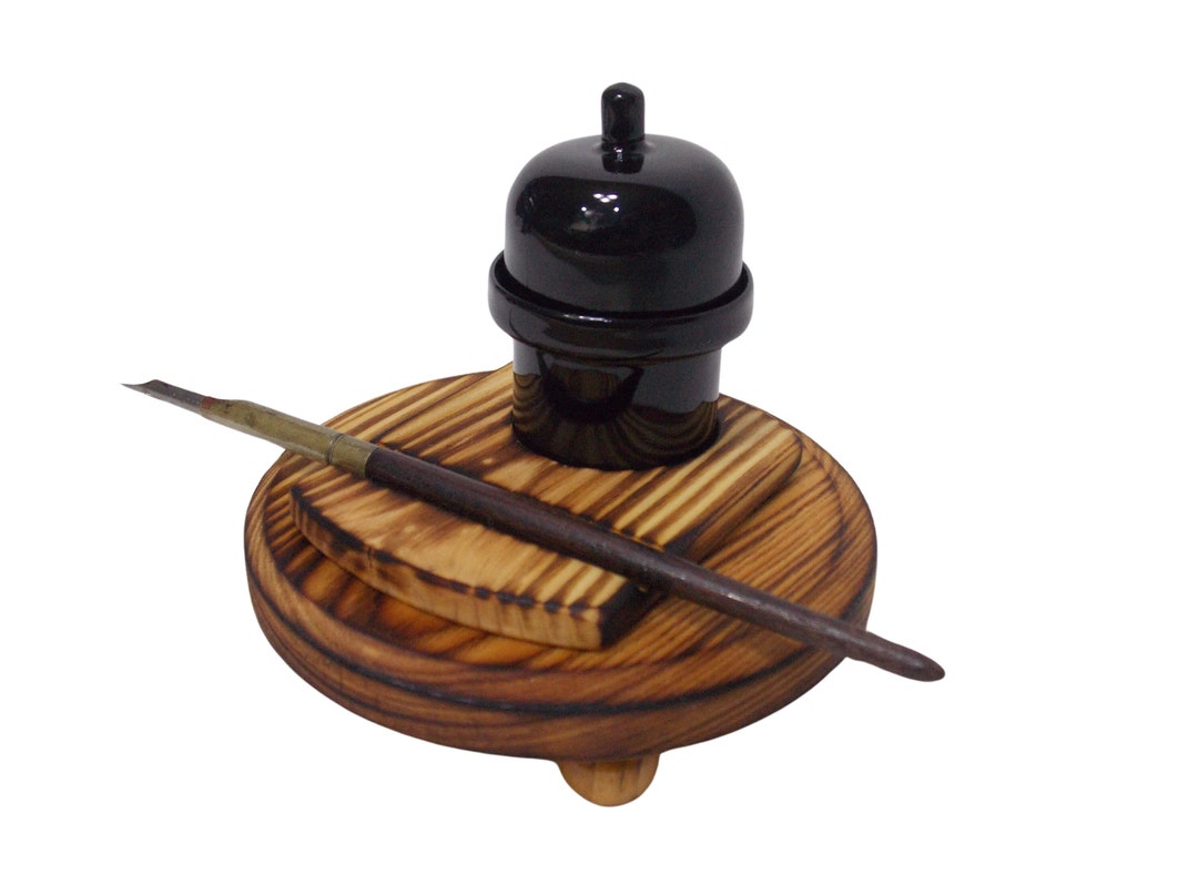 Calligraphy Inkwell Desk Top Pen Stand Inkpot Dip Pen Rest Wood & Black ...