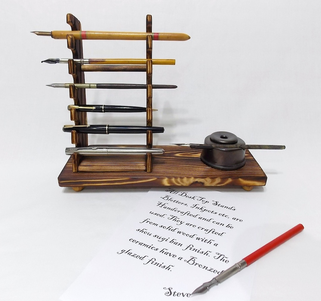 Calligraphy Inkwell & Pen Rack Holder Holds 6 Pens Desk Top Ink ...