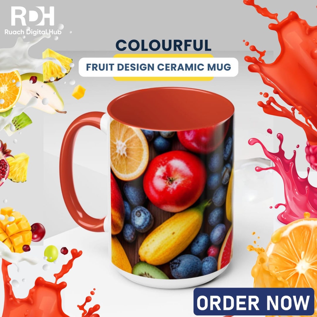 Colorful Fruit Design Ceramic Mug: Accented Handle Coffee Cup - Etsy