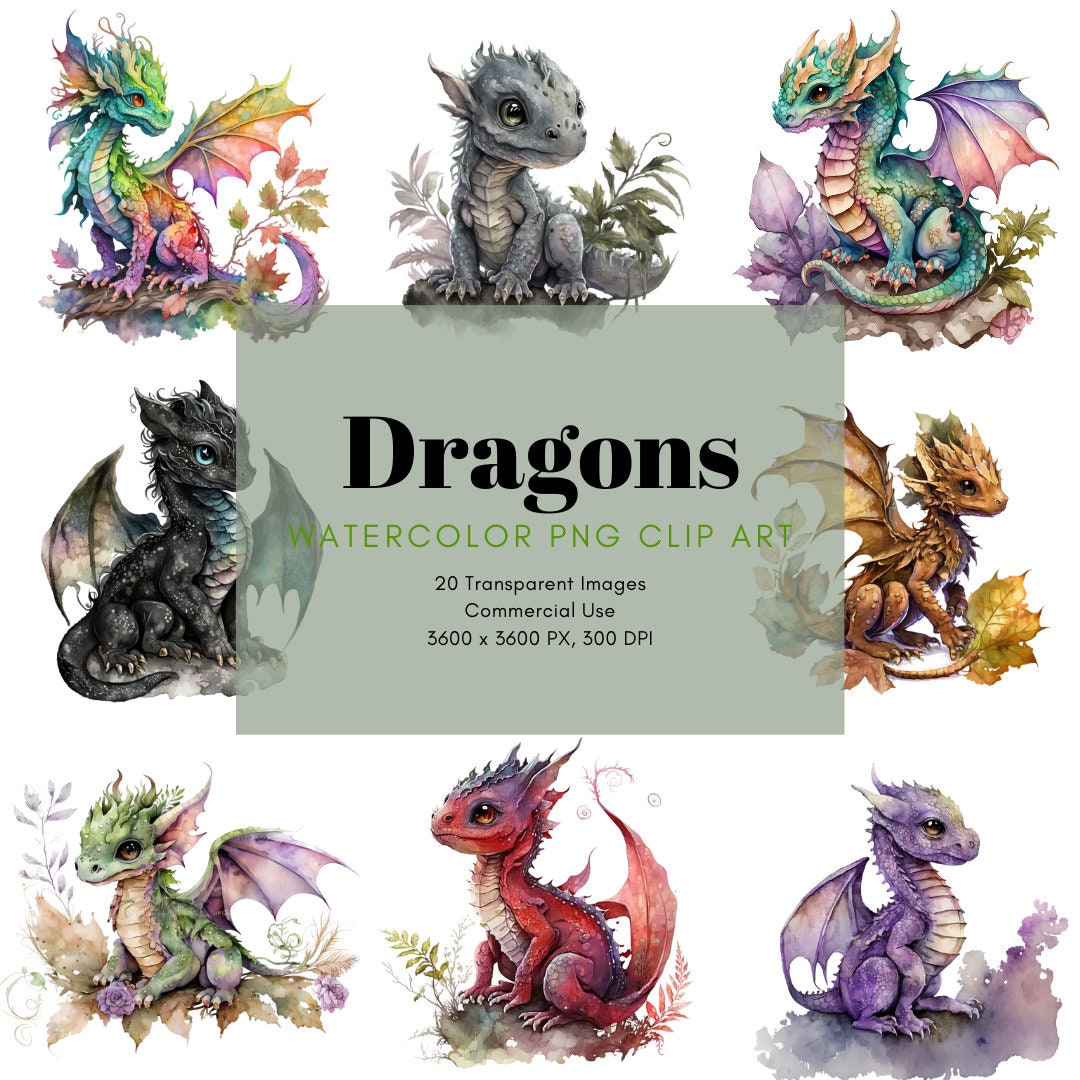 20 Watercolor Dragons High-quality Transparent PNG Clipart, Colourful ...