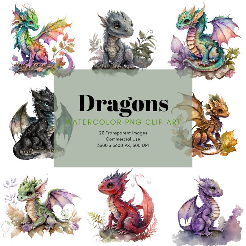 20 Watercolor Dragons High-quality Transparent PNG Clipart, Colourful ...