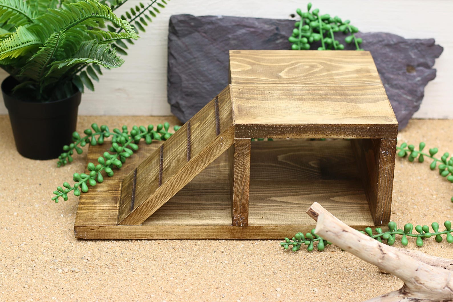 Wooden Reptile Hide and Ramp — Natural Terrarium Platform for Geckos ...