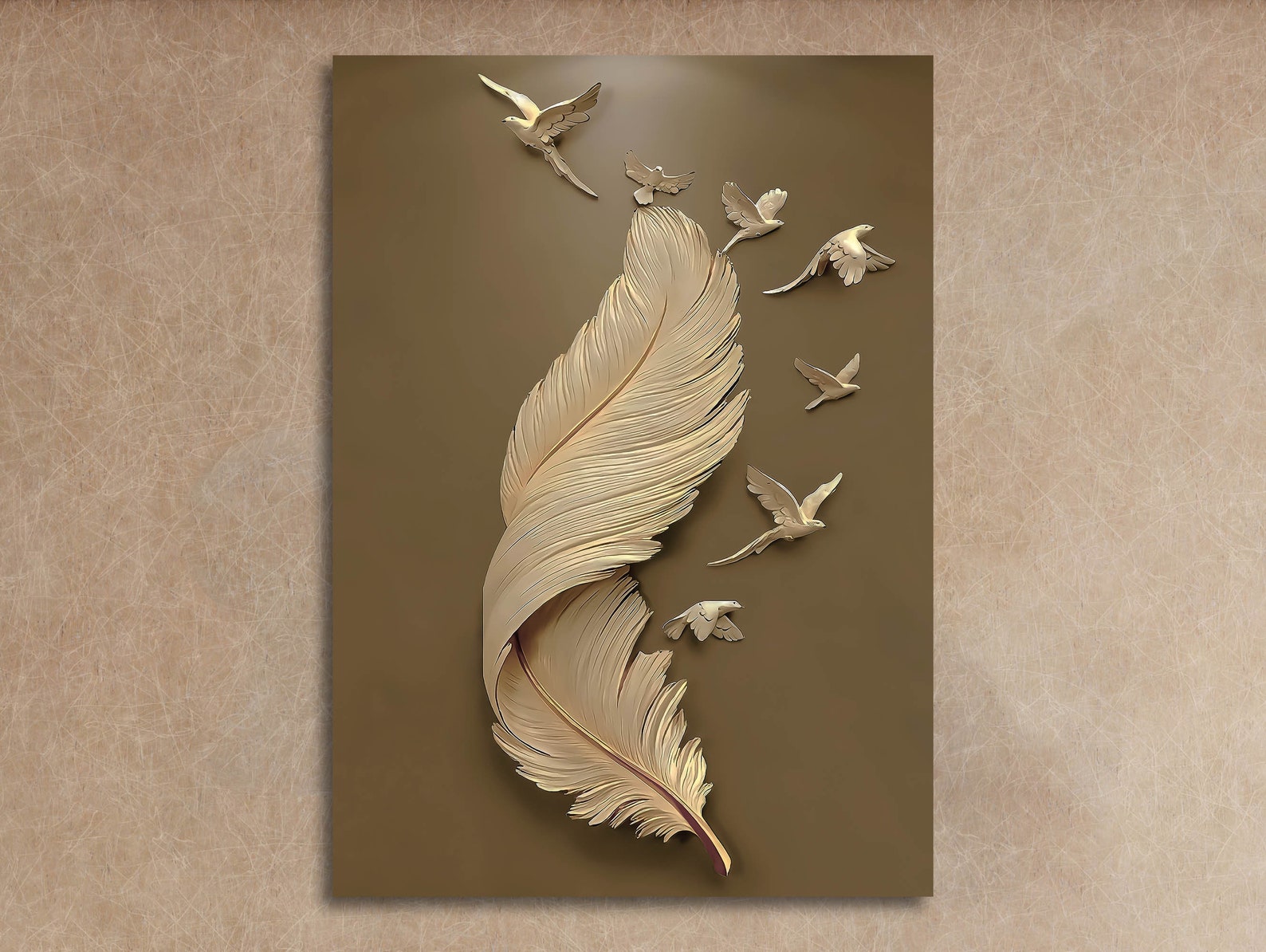 Gold Glitter Textured Beige Themed Feather Wall Art, Handcrafted ...