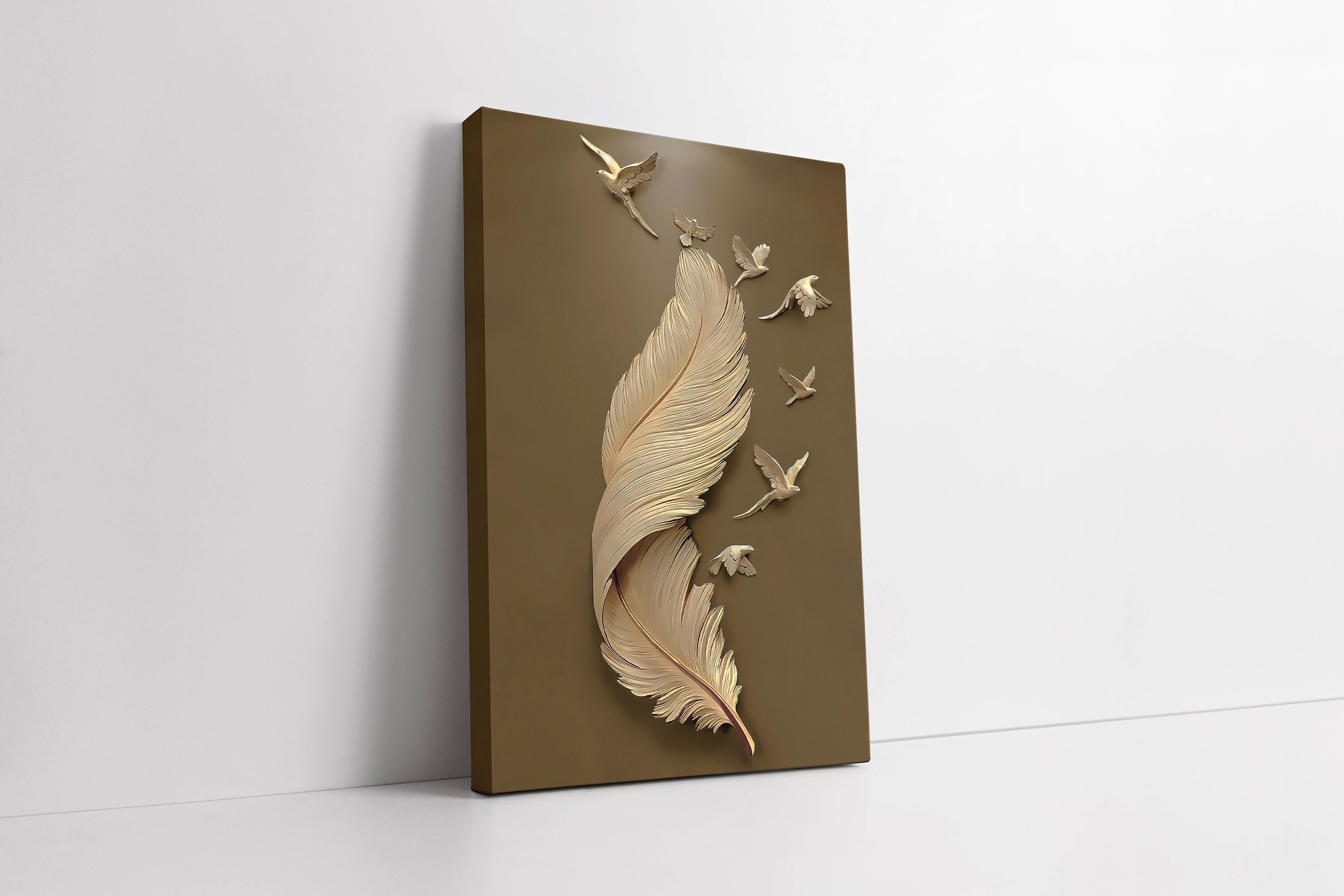 Gold Glitter Textured Beige Themed Feather Wall Art, Handcrafted ...