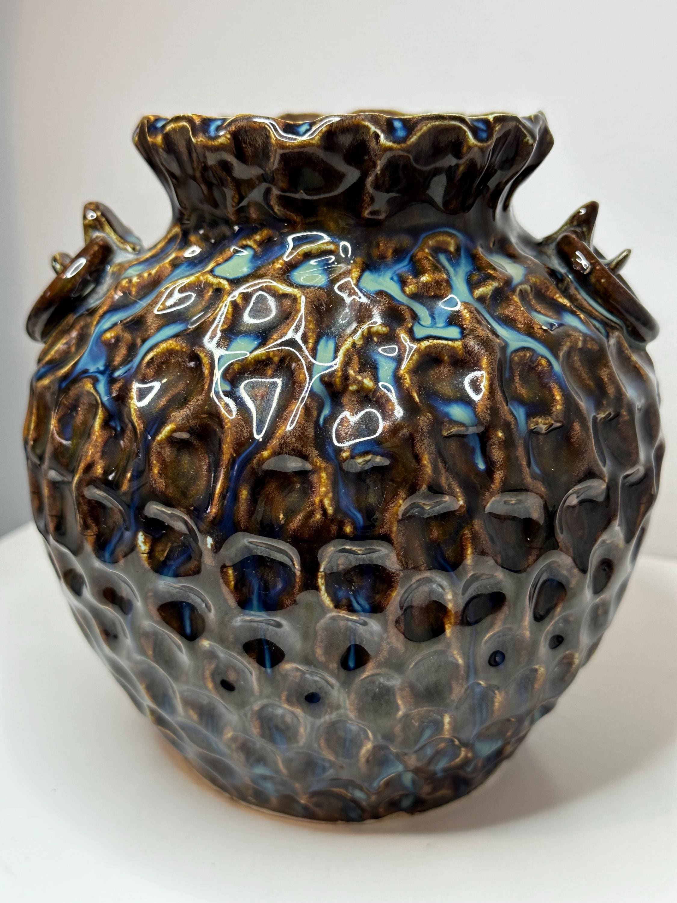 Japanese Stunning Blue Drip Glazed Thumbprint / Dimple Large Round VASE ...