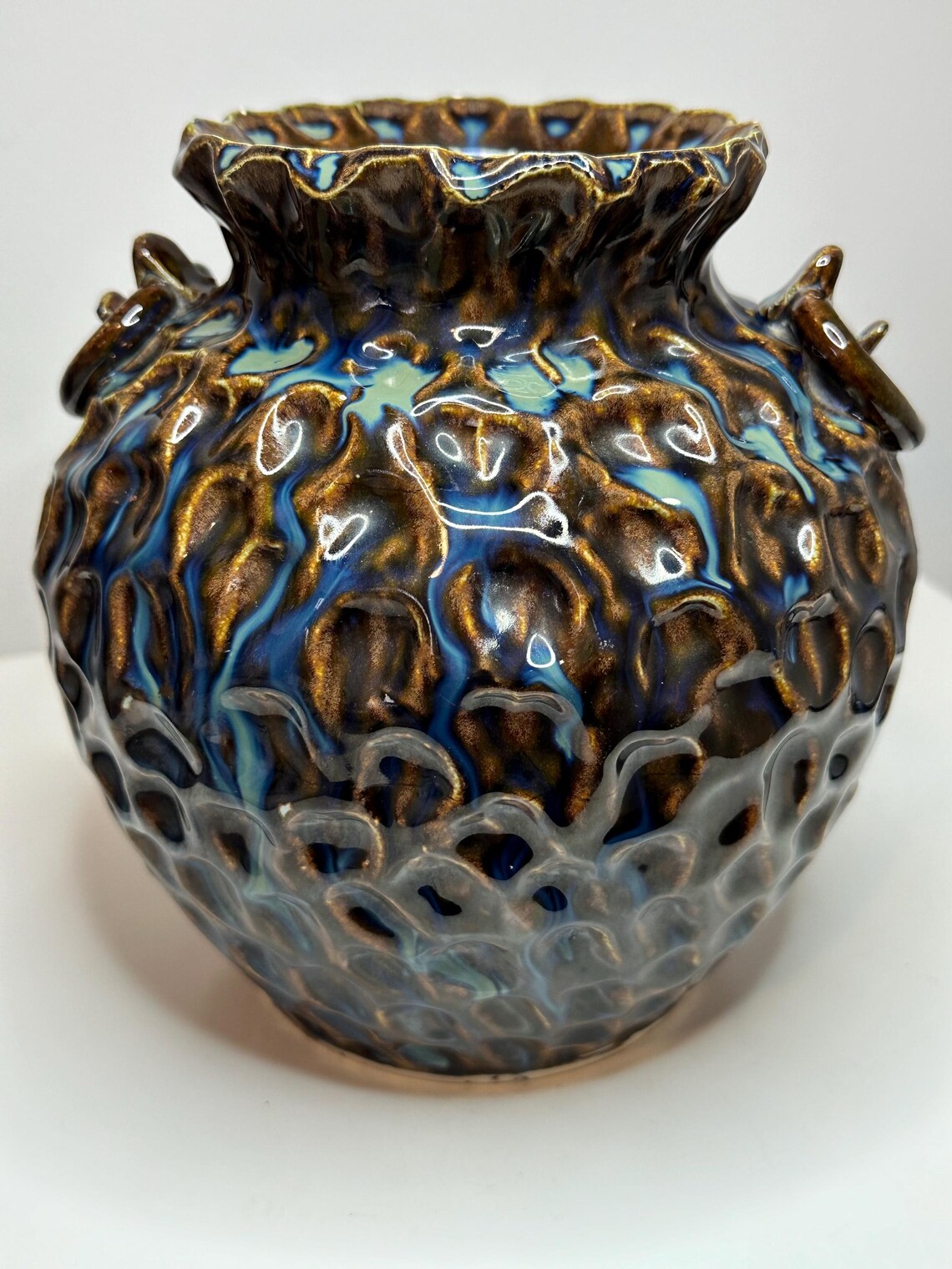 Japanese Stunning Blue Drip Glazed Thumbprint / Dimple Large Round VASE ...