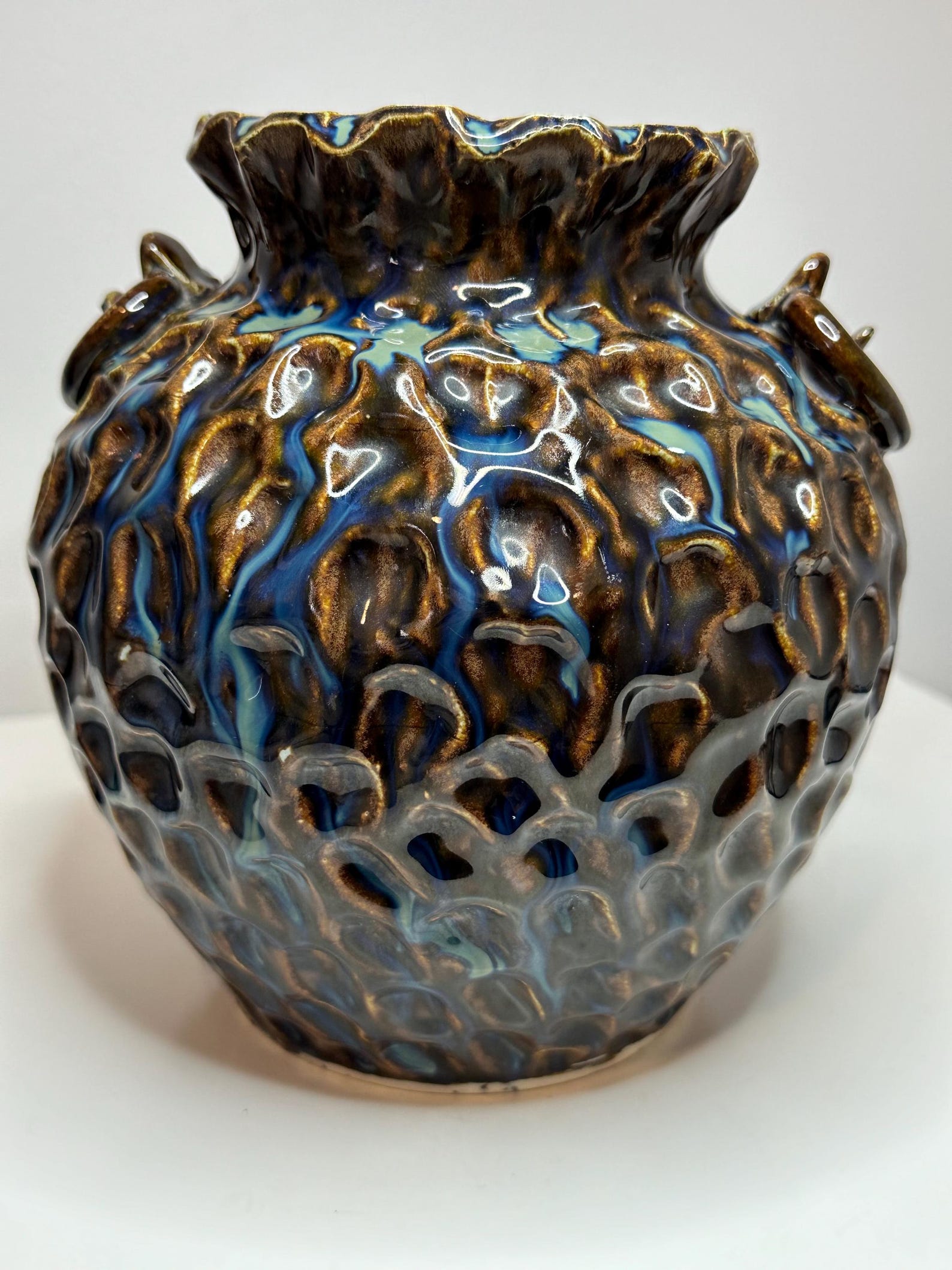 Japanese Stunning Blue Drip Glazed Thumbprint / Dimple Large Round VASE ...