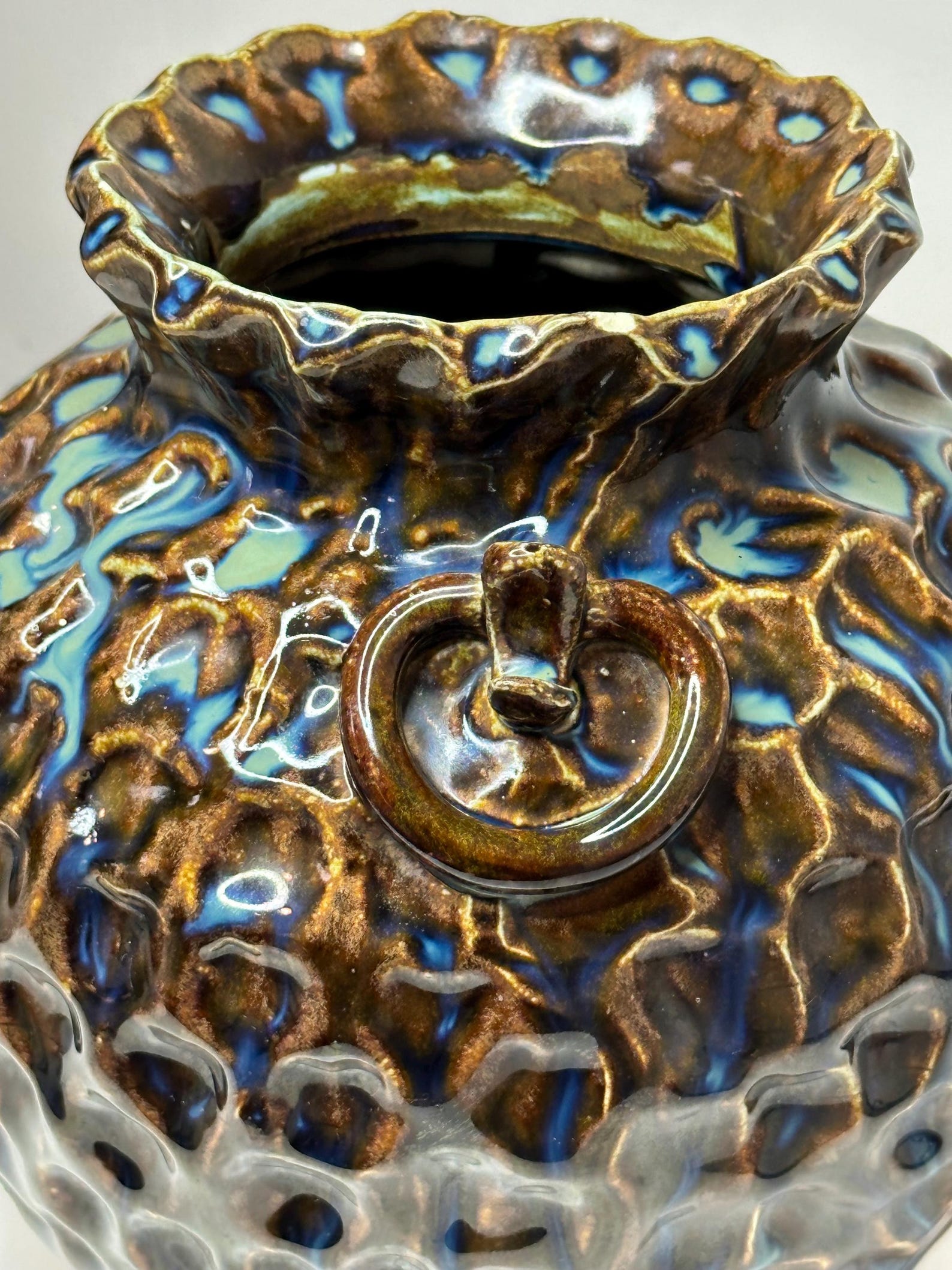 Japanese Stunning Blue Drip Glazed Thumbprint / Dimple Large Round VASE ...