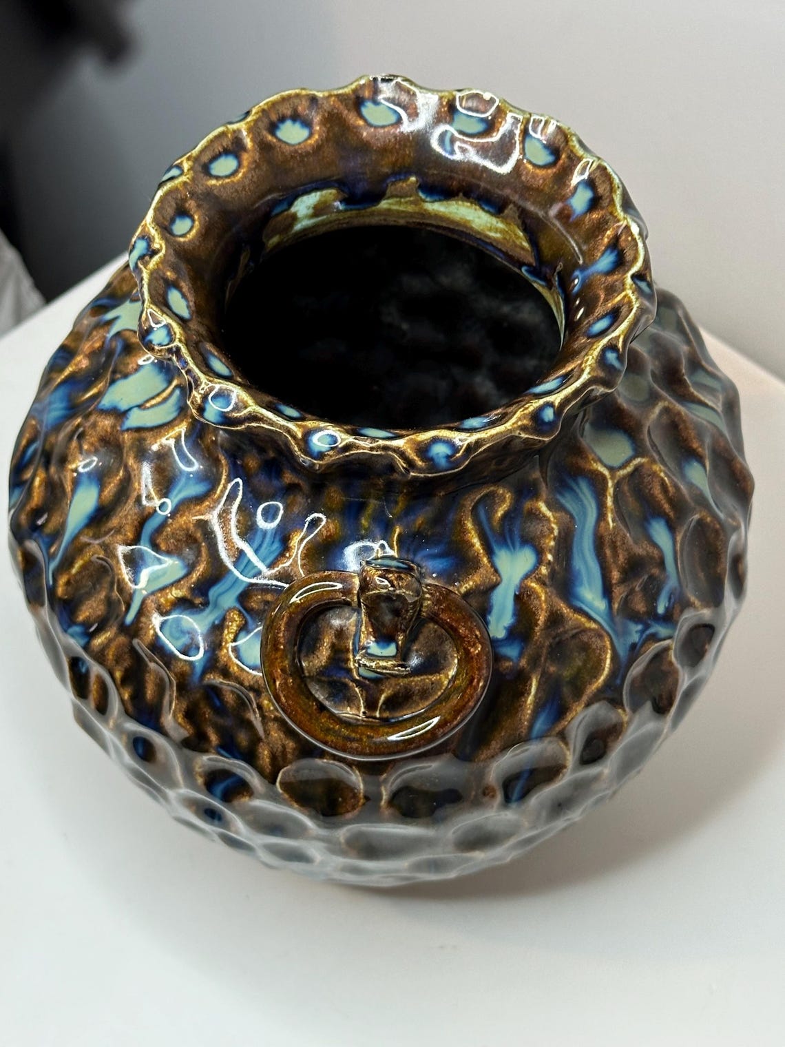 Japanese Stunning Blue Drip Glazed Thumbprint / Dimple Large Round VASE ...