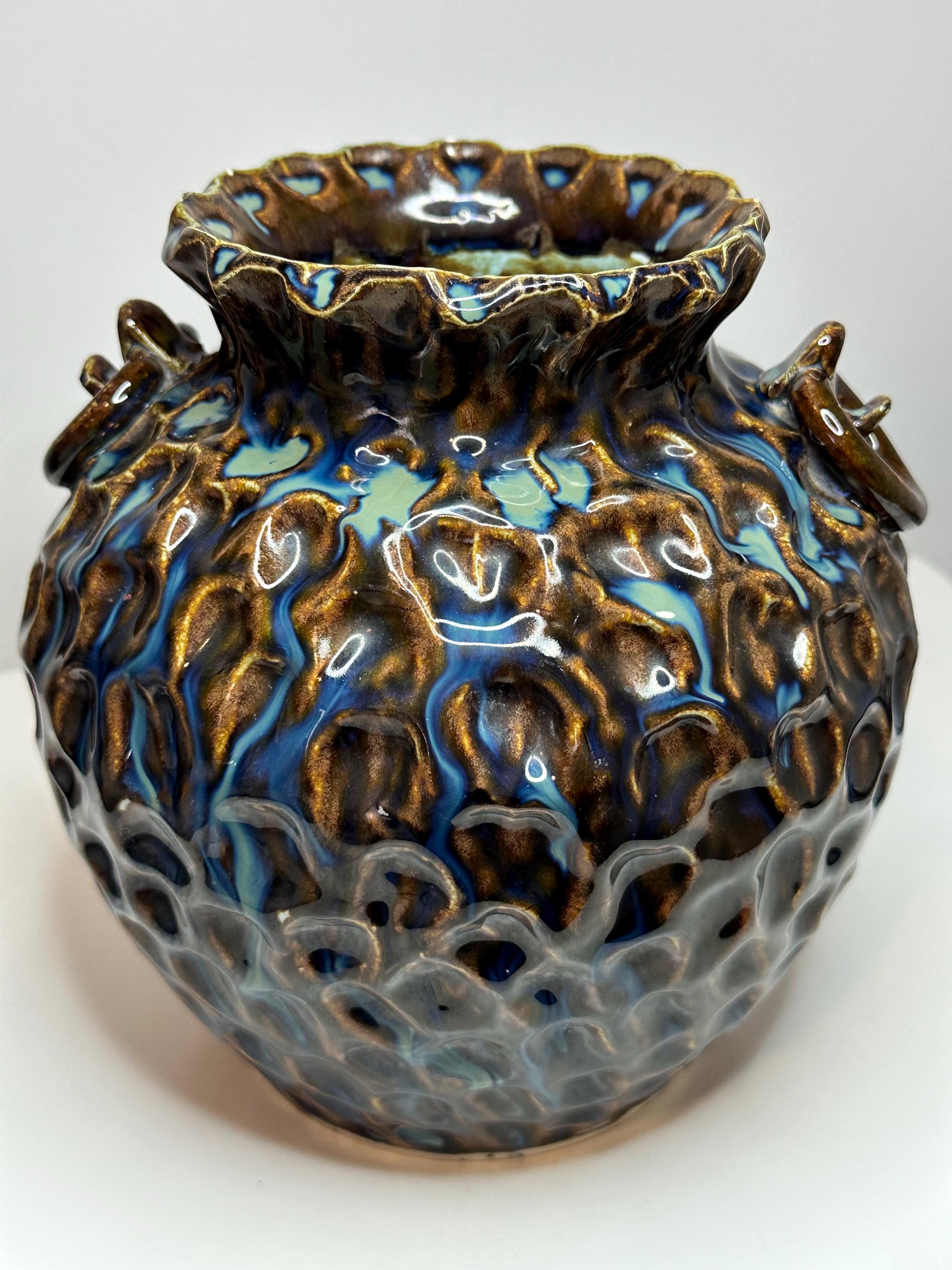 Japanese Stunning Blue Drip Glazed Thumbprint / Dimple Large Round VASE ...
