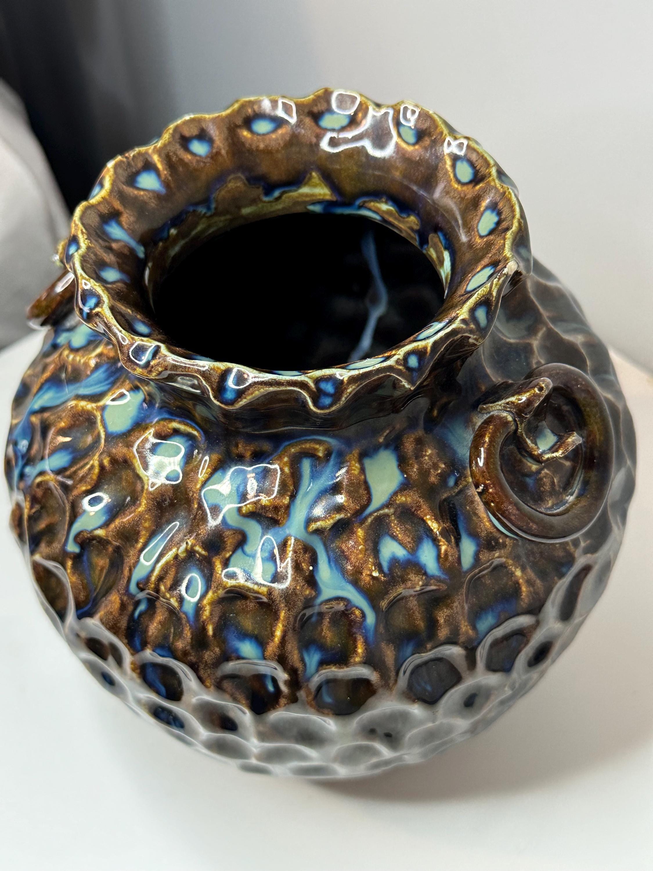Japanese Stunning Blue Drip Glazed Thumbprint / Dimple Large Round VASE ...