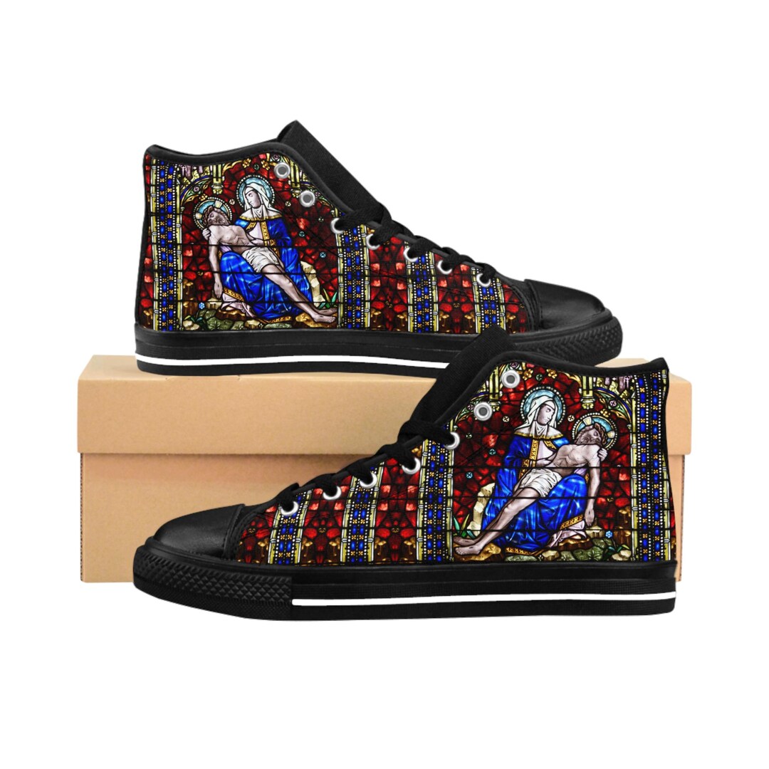 Men's High Top Sneakers - Stained Glass Pieta Virgin Mother Mary ...