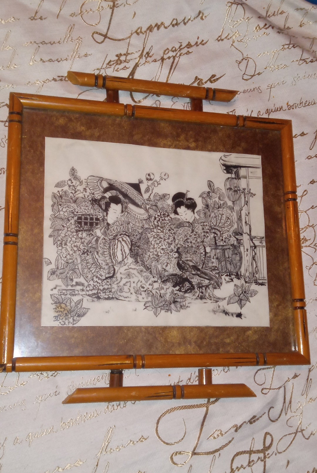 Beautiful Japanese Vintage Ink Drawing in Bamboo Frame Gorgeous Women ...