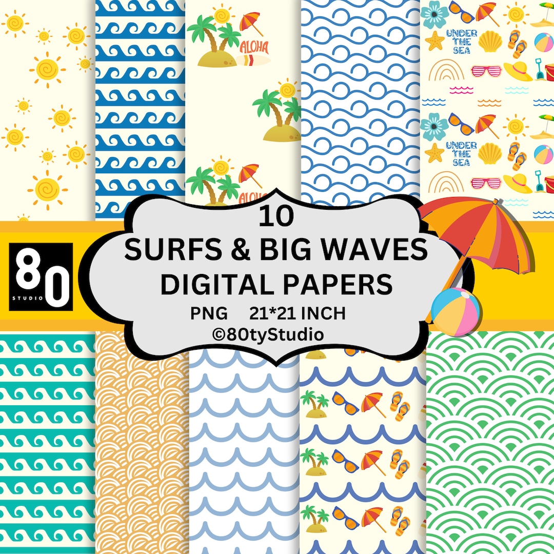 Surfs & Big Waves Digital Paper, Surf, Summer, Wave Lover, Beach, Sea ...