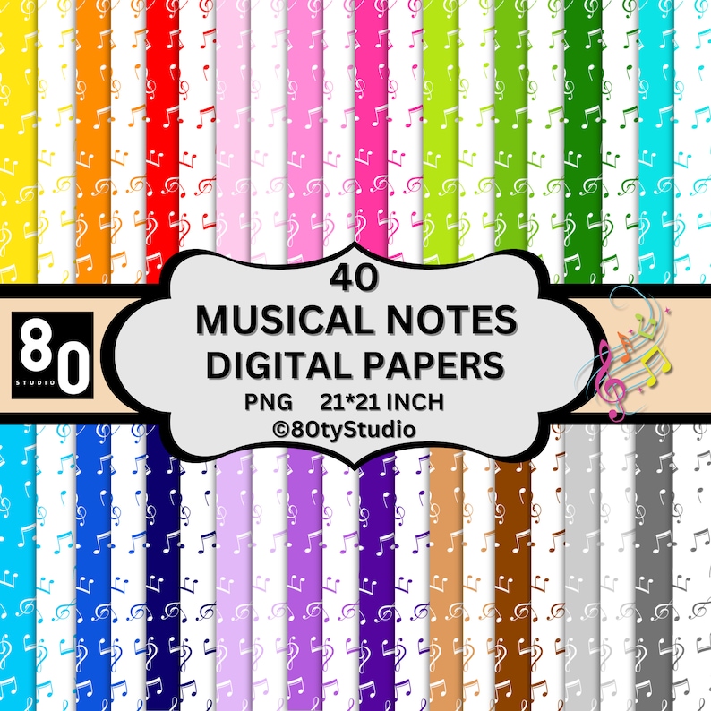 Musical Notes Digital Paper, Music, Scrapbook, Rainbow Notes Background ...