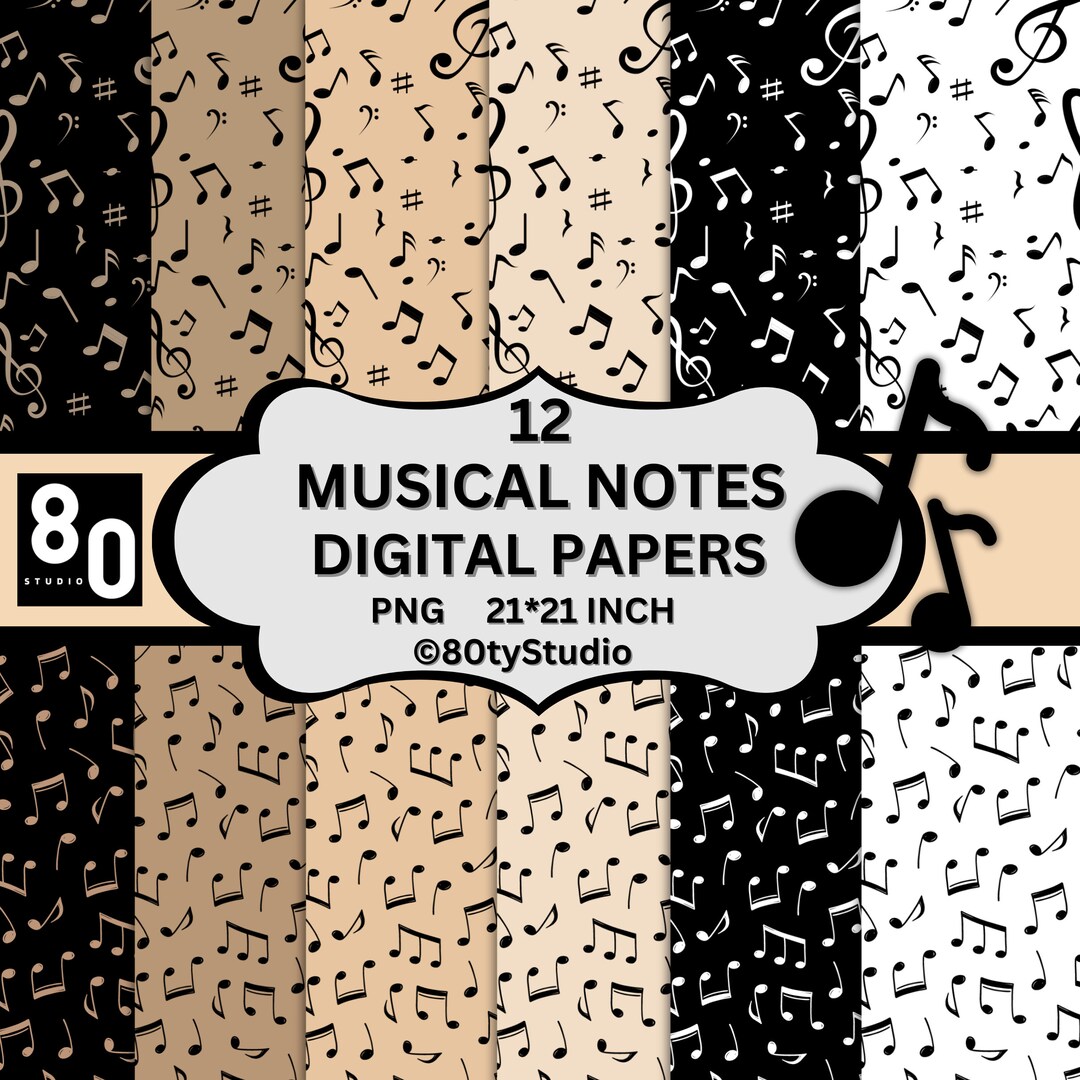 Musical Notes Digital Paper, Music, Scrapbook, Brown Beige White Notes ...