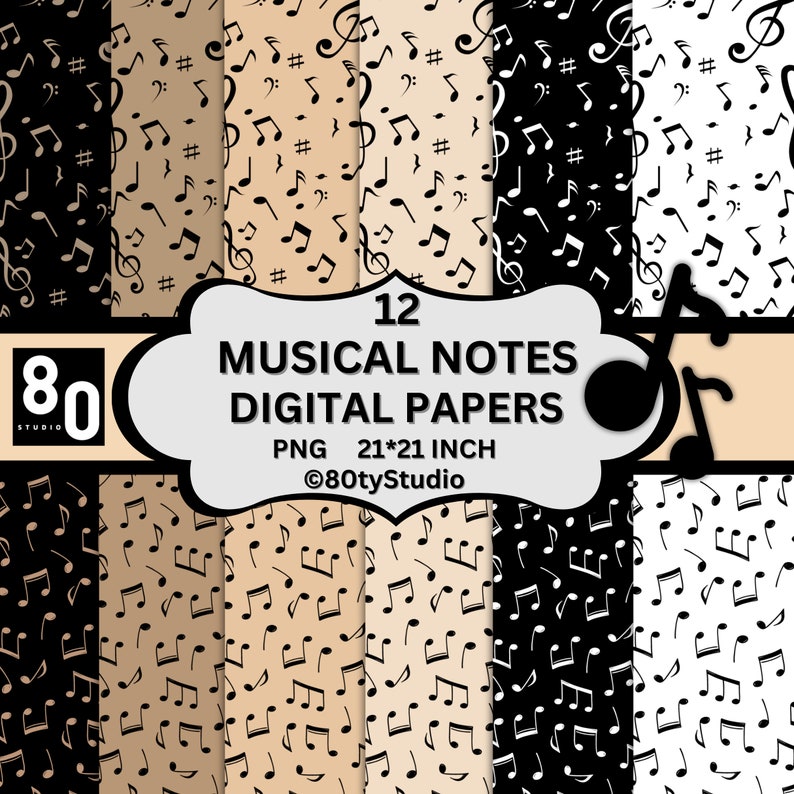 Musical Notes Digital Paper, Music, Scrapbook, Brown Beige White Notes ...