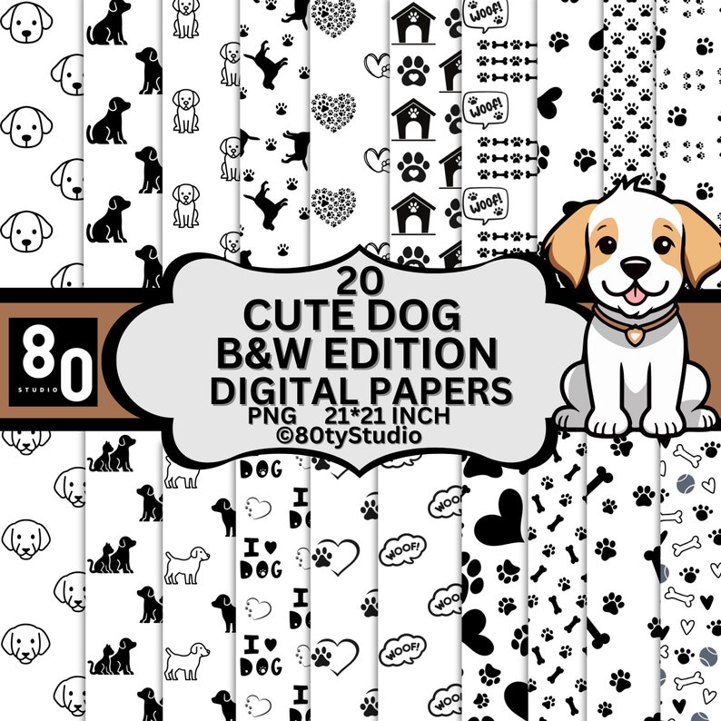 Cute Dog Digital Papers, Paw Print, Black White, Animal Scrapbook ...