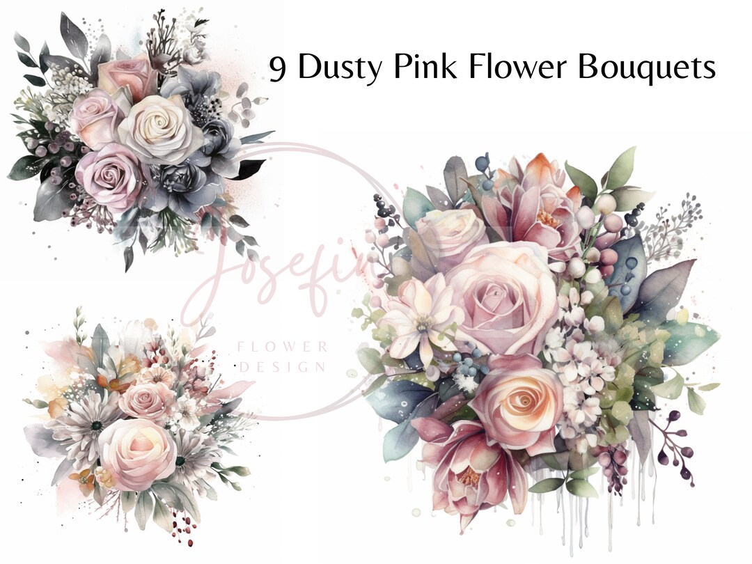 Matte Rose Gold Flower Clipart Watercolor Dusty Pink Wedding Bouquets ...
