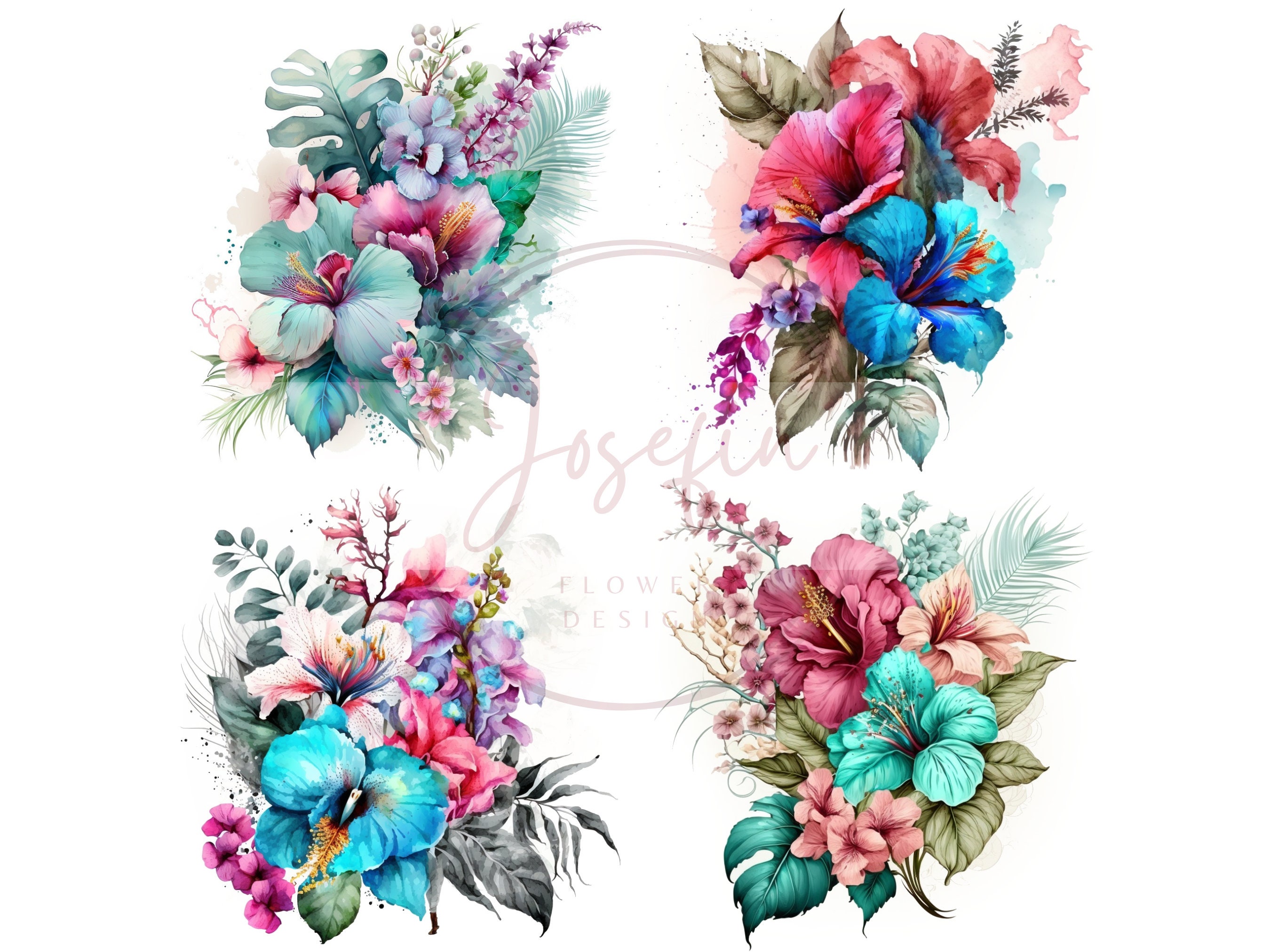 Tropical Watercolor Clipart Flower Bouquets in Pink and Turquoise ...