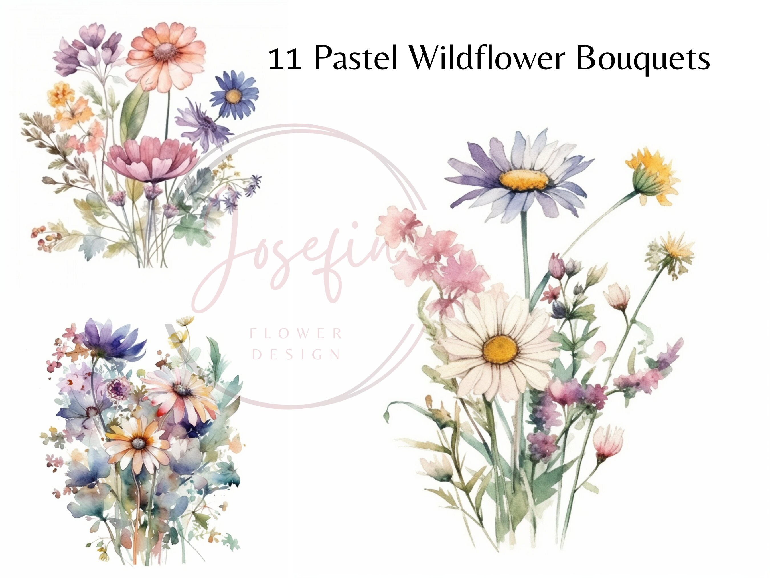 Pastel Watercolor Wildflower Clipart Bundle | Delicate Blossoms in Soft ...