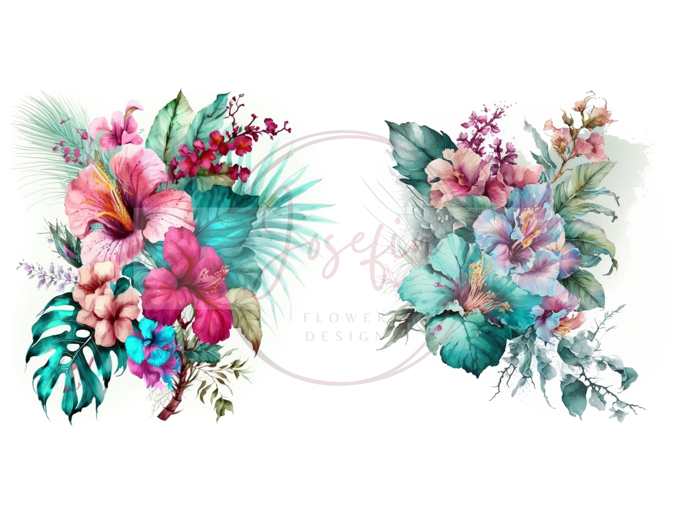 Tropical Watercolor Clipart Flower Bouquets in Pink and Turquoise ...