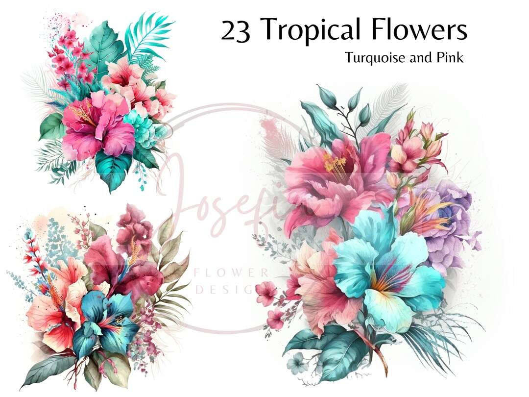 Tropical Watercolor Clipart Flower Bouquets in Pink and Turquoise ...