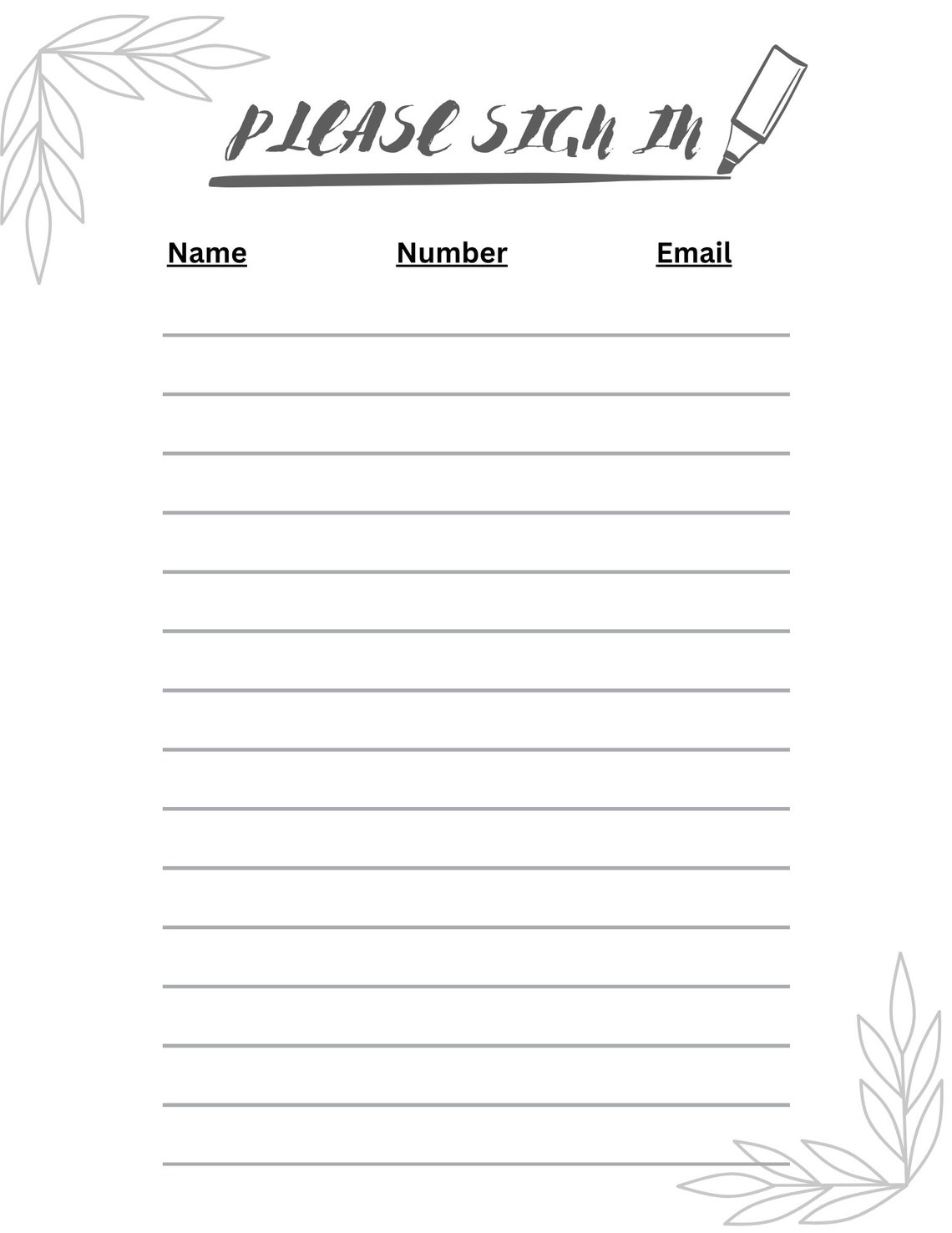 Printable Sign in Sheet, Sign up Sheet, Sign in Form, Event Sign in ...