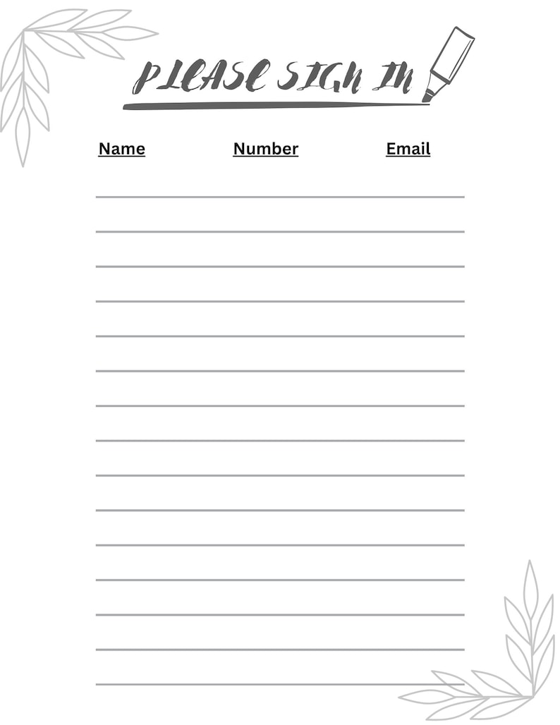 Printable Sign in Sheet, Sign up Sheet, Sign in Form, Event Sign in ...