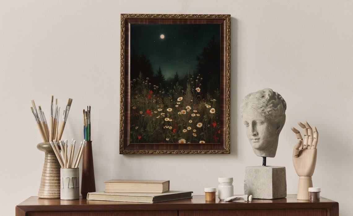 Moon and Flower Field - Dark Cottagecore - Moody Vintage Art - Dark ...