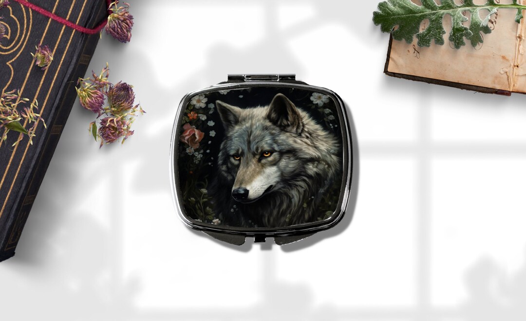 Wolf Compact Mirror Wolf Art Moody Vintage Art Dark Floral Art Woodland ...