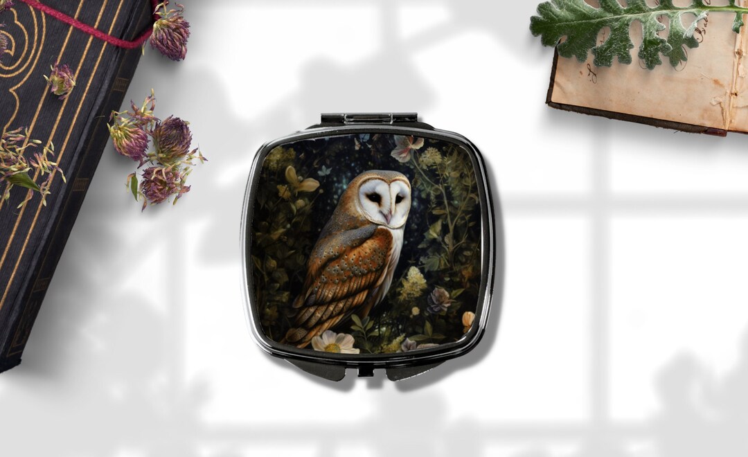 Barn Owl Art - Compact Mirror - Dark Cottagecore - Dark Botanical Decor ...
