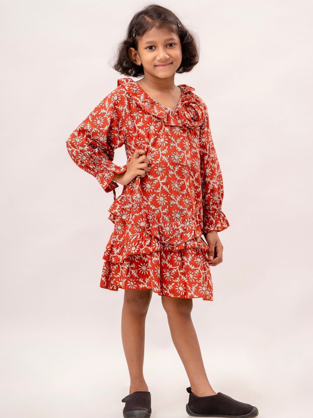 Block Print Dress for Girls in Red Rust Full Sleeves, Super Comfy ...