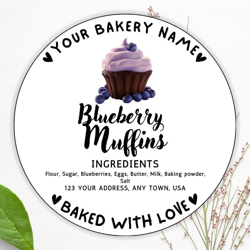 Editable Food Label Template: DIY Bakery Stickers, Blueberry Muffin ...
