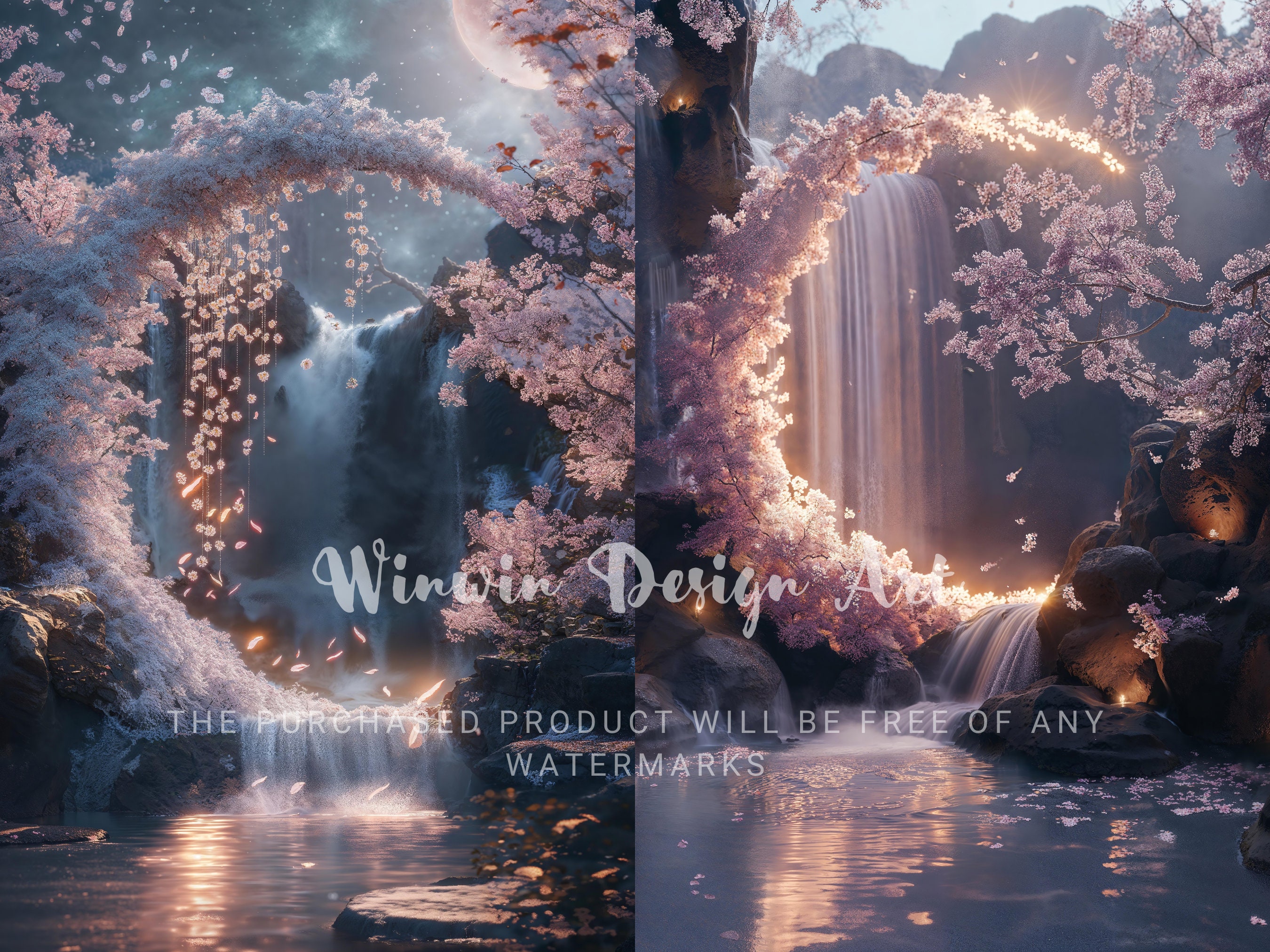 Sakura Moon Digital Backdrop Crescent Moon Overlay Floral Background ...