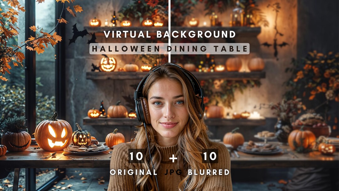 Halloween Dining Table Zoom Background for Virtual Meetings, Wooden ...
