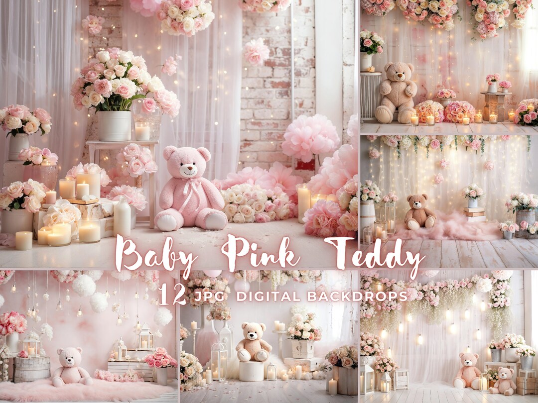 Baby Pink Teddy Digital Background Teddy Bear Baby Birthday Cake Smash ...