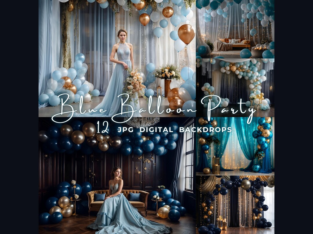 Blue Balloon Party Digital Backdrop Cake Smash Backdrop Blue and Gold ...