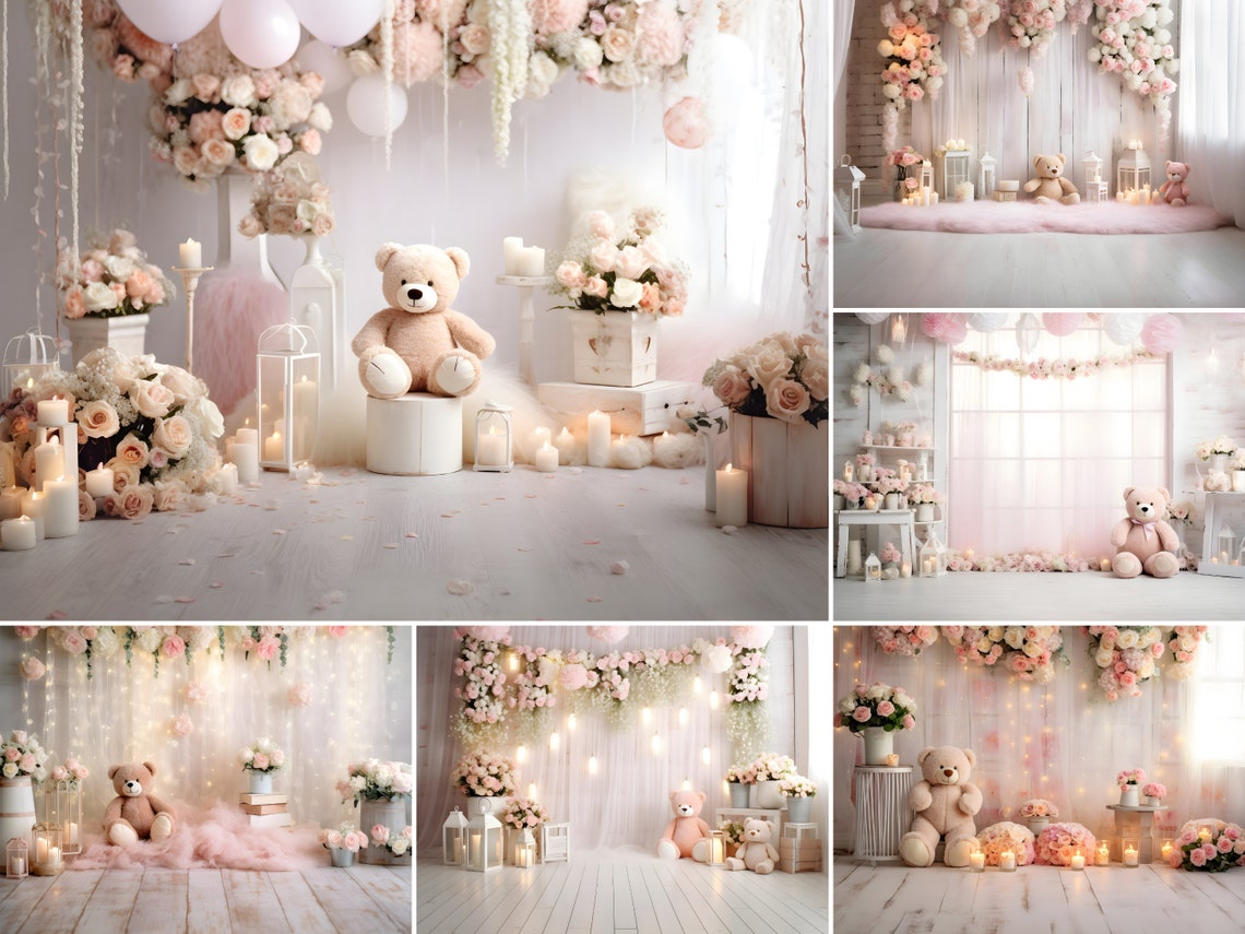 Baby Pink Teddy Digital Background Teddy Bear Baby Birthday - Etsy