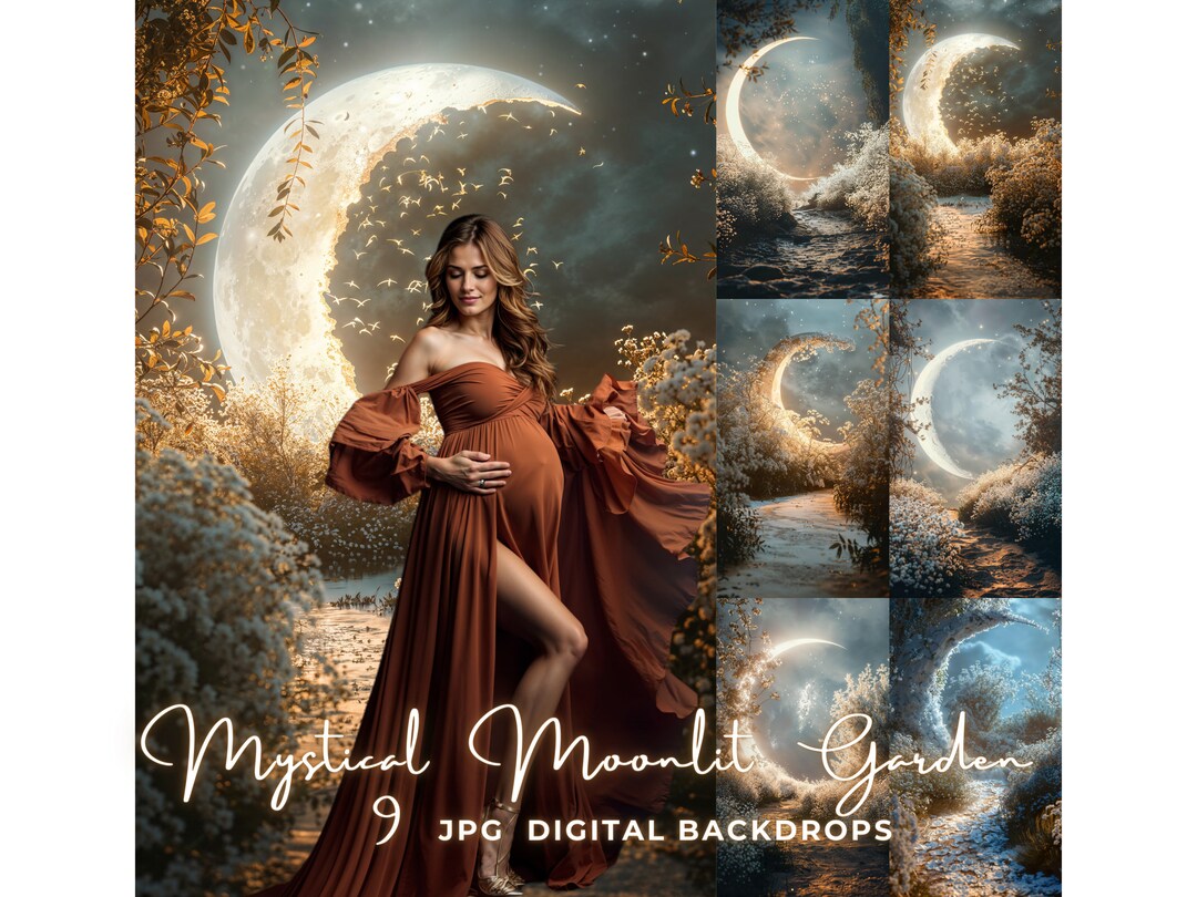 Crescent Moon Digital Backdrop Moonlit Garden Digital Background ...