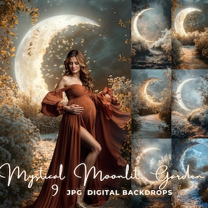Crescent Moon Digital Backdrop Moonlit Garden Digital Background ...